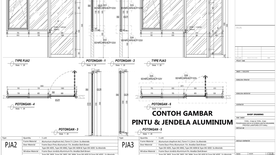 Pembuatan Gambar Kerja 2D Kusen Alumunium, Kaca Frameless & Pintu Automatic