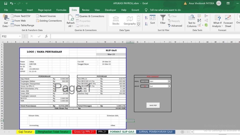 APLIKASI PAYROLL / PENGGAJIAN + PPH 21 EXCEL