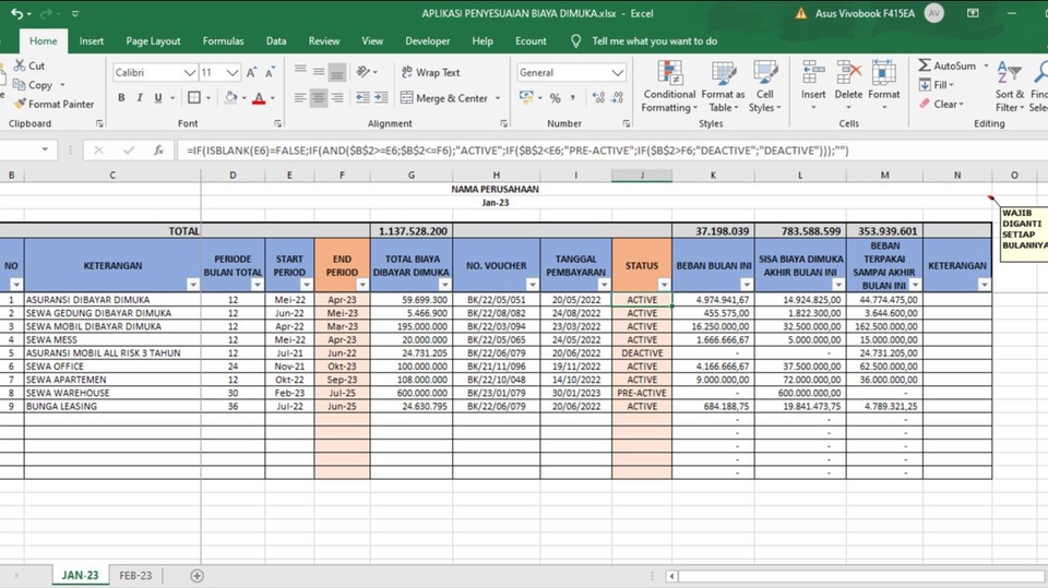APLIKASI EXCEL AKUNTANSI PENYESUAIAN BIAYA DIBAYAR DI MUKA