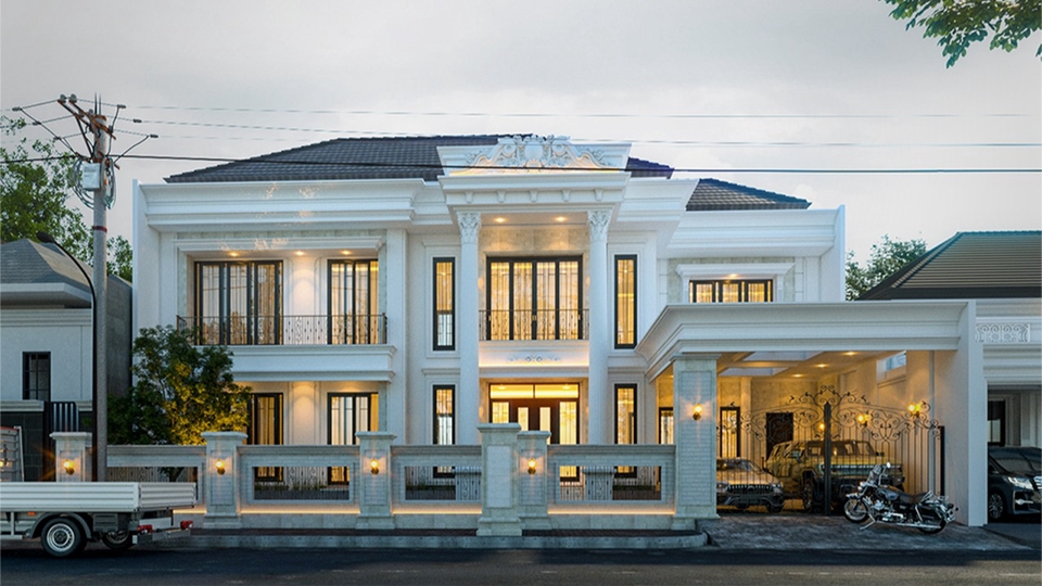 Render realistis eksterior rumah, apartemen, dan perumahan developer.