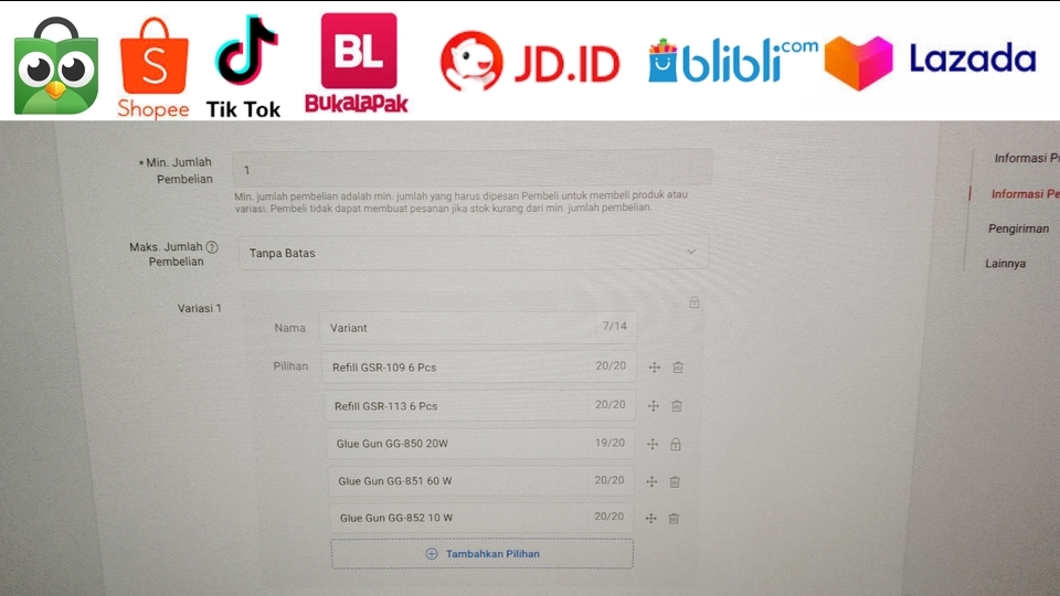 Upload Produk Marketplace (Tiktok, Shopee, Tokopedia, Lazada, Blibli, Bukalapak dan JD.ID)