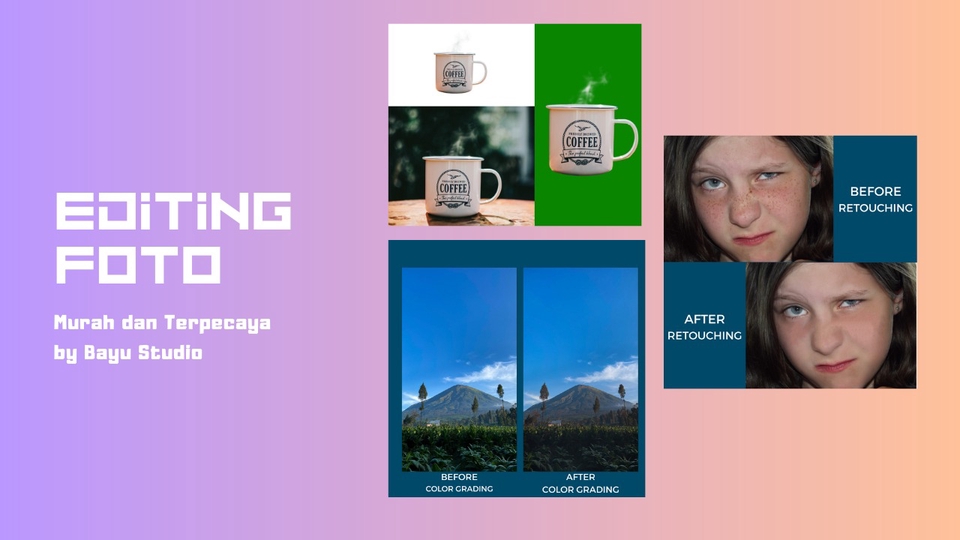Editing foto, hapus background, retouching, dan color grading