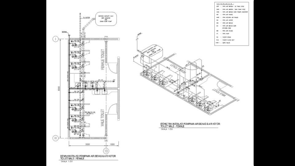 Gambar Desain AutoCad Plumbing 2D ,Isometrik dan Potongan