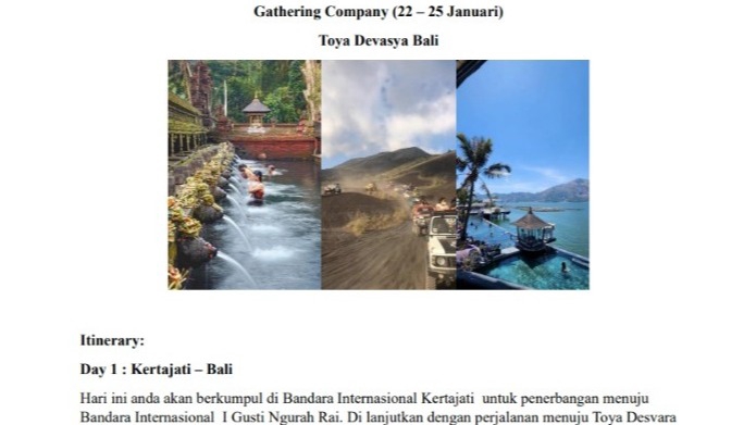 Jasa pembuatan paket wisata, itinerary/jadwal perjalanan, rundown, RAB