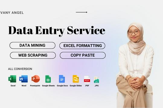 Data entry: pencarian data, copy paste, konversi format (excel, sheets, word, docs, slides, dll)